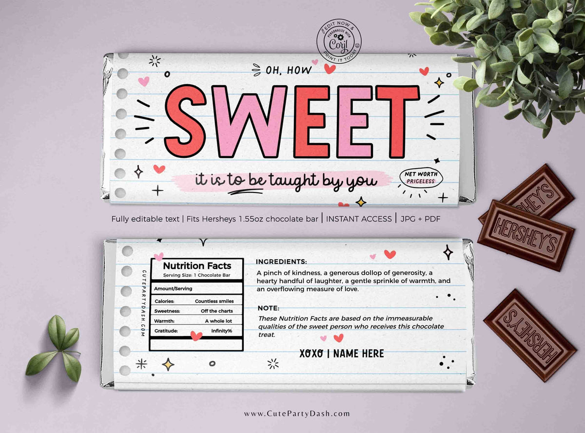 Teacher Valentines Day Gift Chocolate Bar Wrapper template Printable ...
