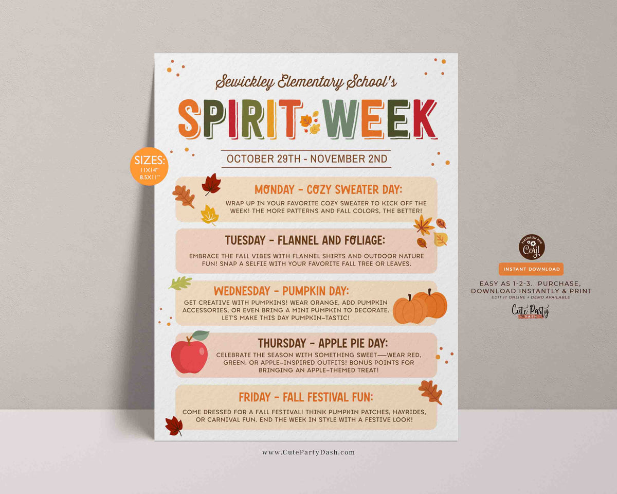 Editable Fall Spirit Week Sign Printable INSTANT DOWNLOAD – Cute Party Dash