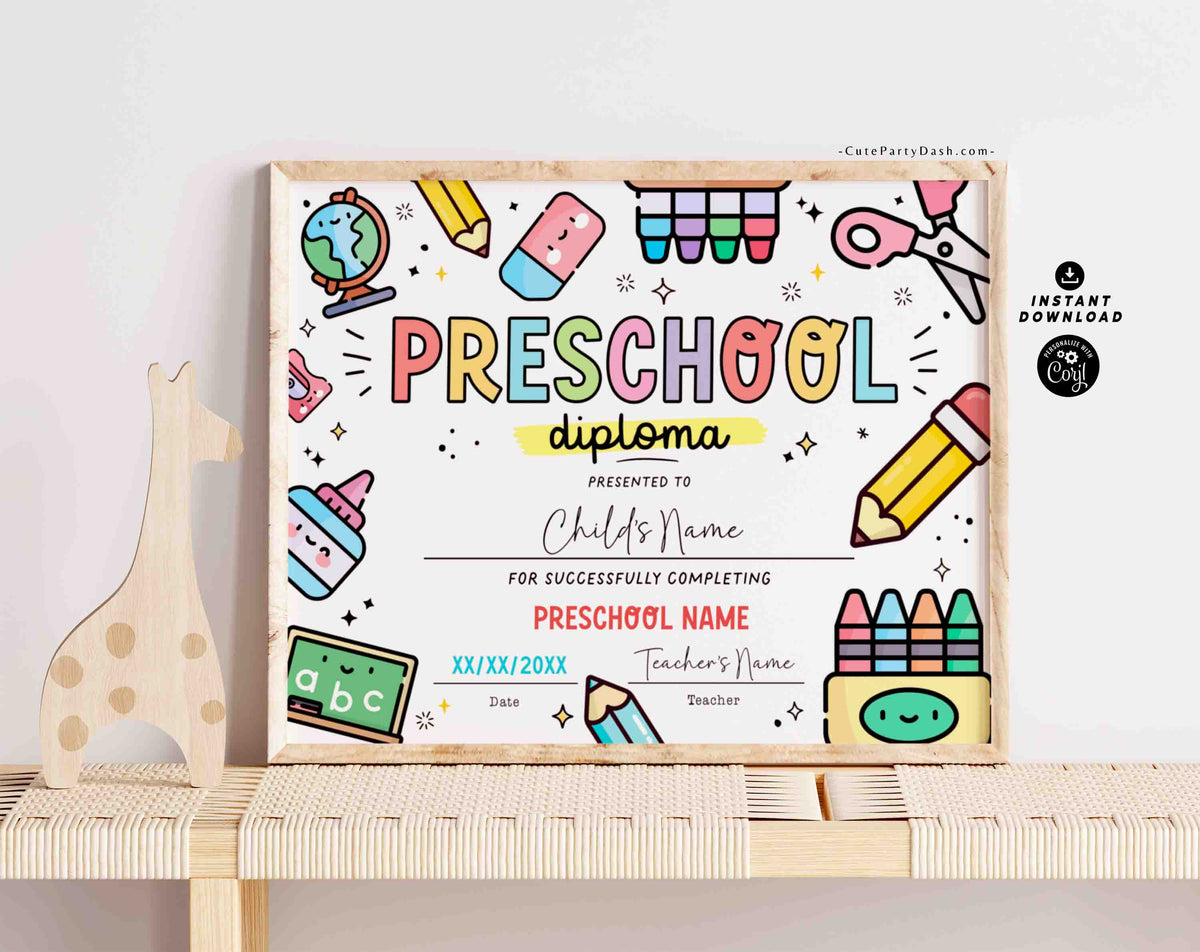 Preschool Graduation Diploma Printable INSTANT DOWNLOAD – Cute Party Dash