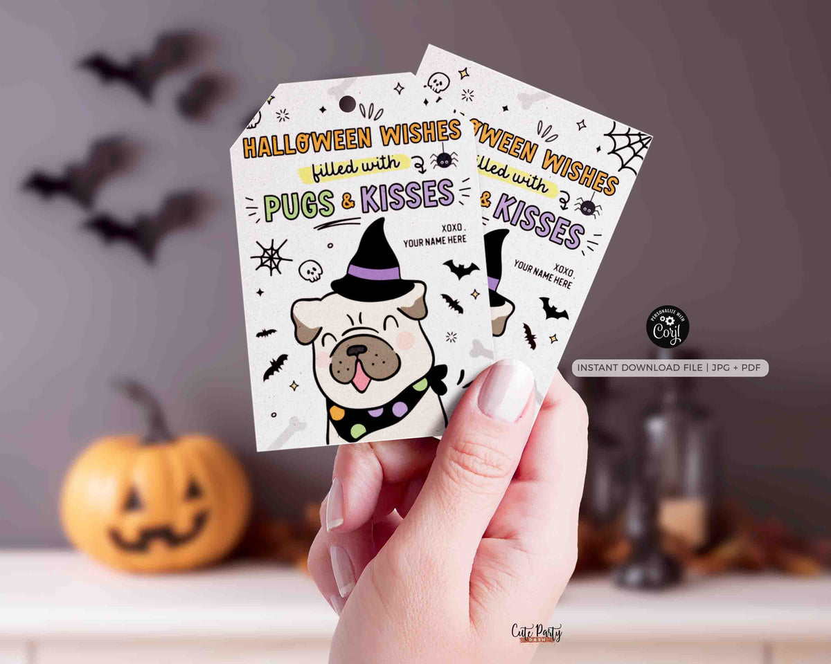 Halloween Wishes filled with Pugs and Kisses Treat Tag. – Cute Party Dash