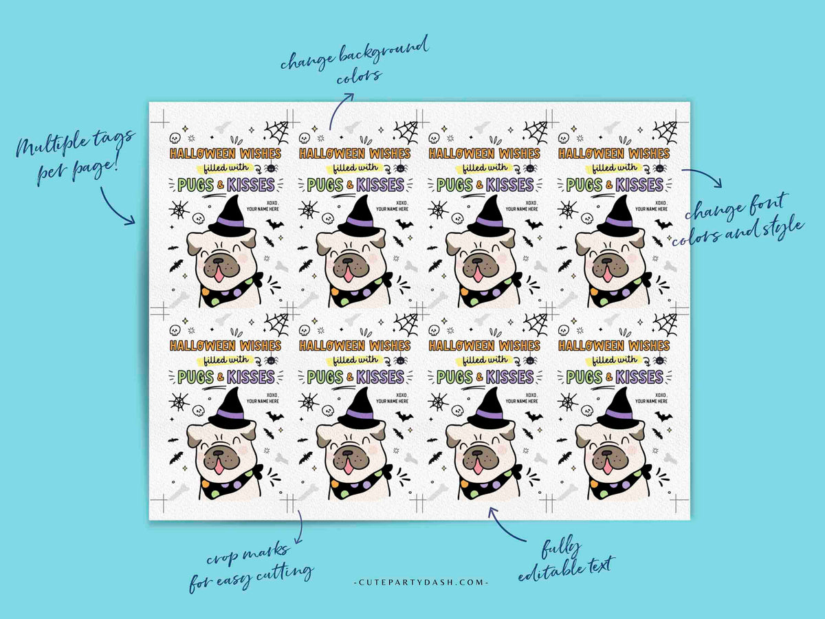 Halloween Wishes filled with Pugs and Kisses Treat Tag. – Cute Party Dash