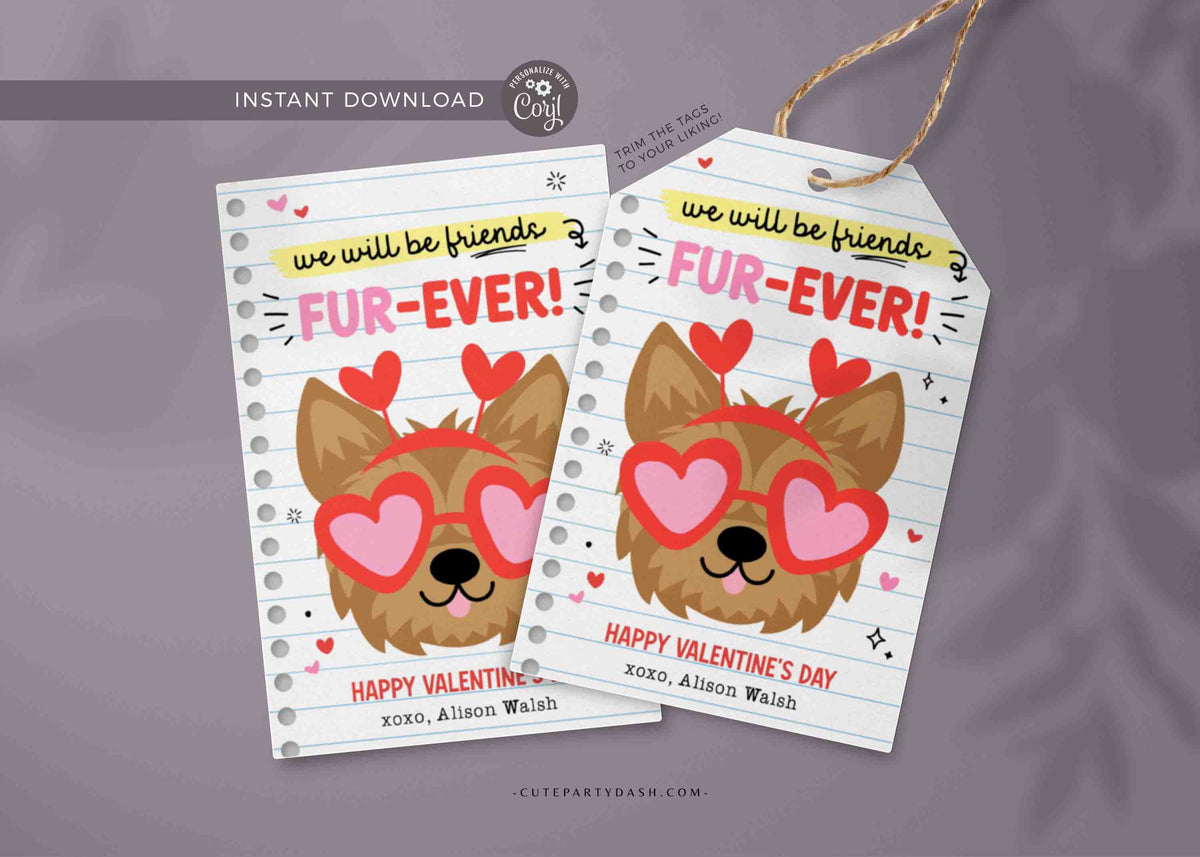 Printable Dog Valentine's Day Card Tags INSTANT DOWNLOAD – Cute Party Dash