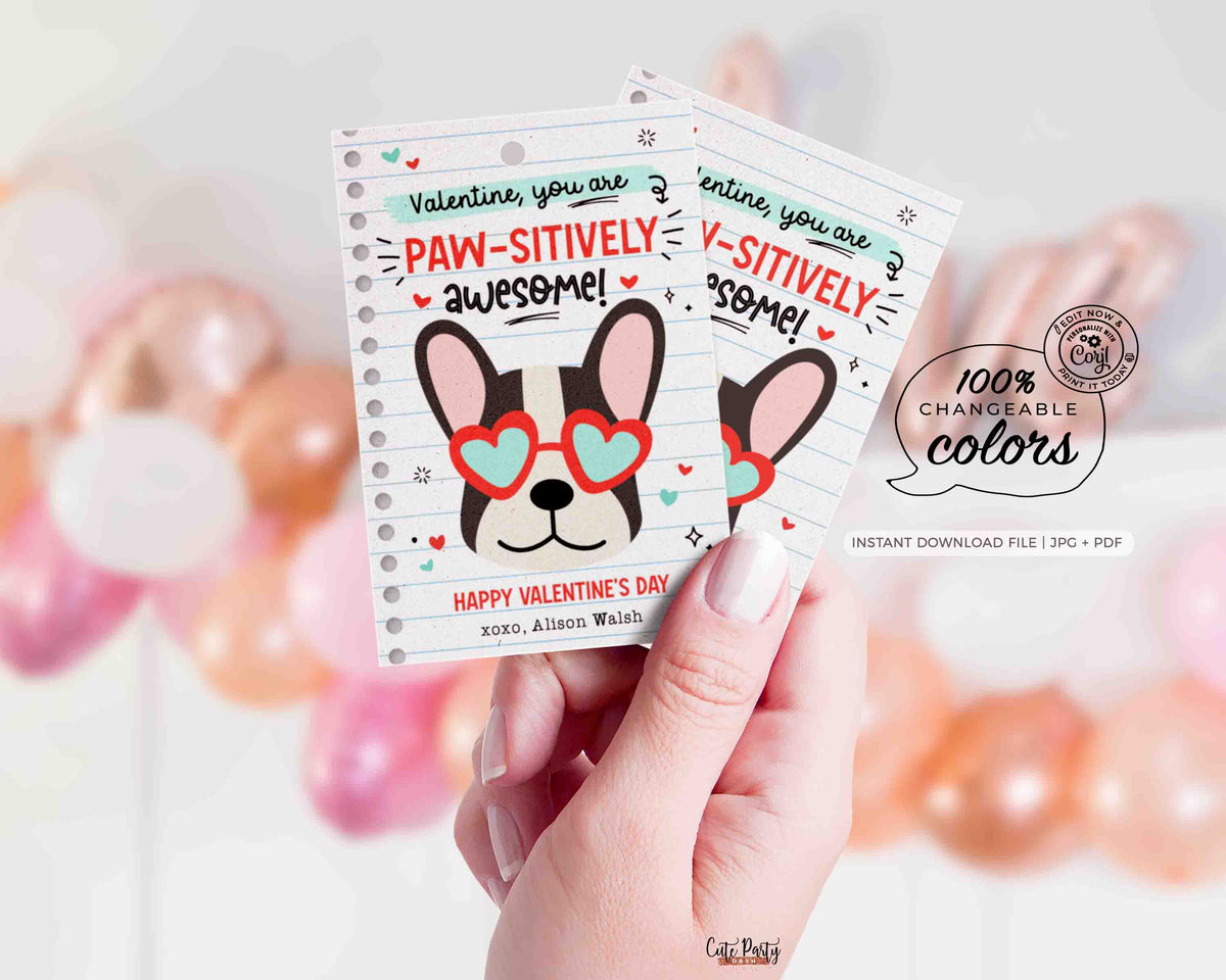 Printable Dog Valentine's Day Card Tags INSTANT DOWNLOAD – Cute Party Dash