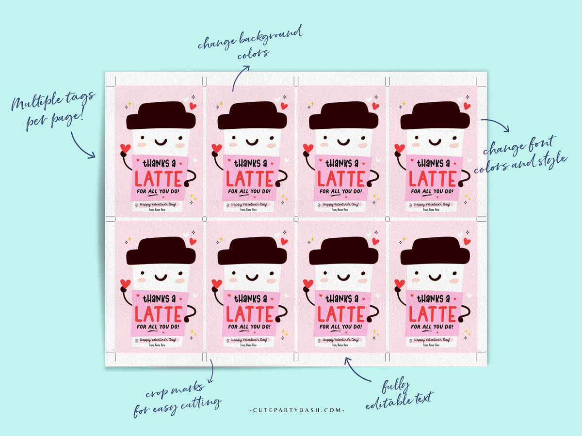 Thanks a Latte for All you do Valentine's day Gift Tag Printable ...