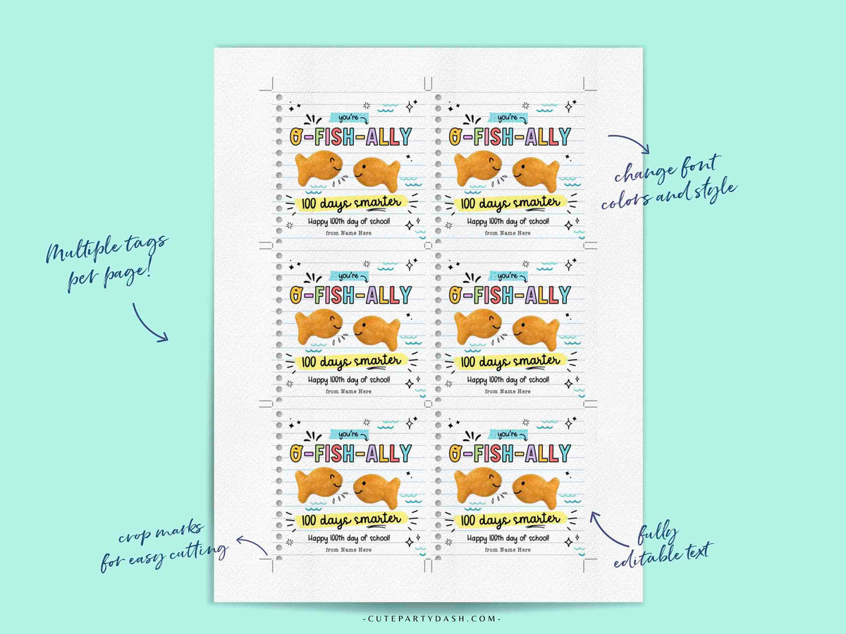 Editable 100th Day of School gift Tag Printable O-Fish-Ally Smarter Tag ...