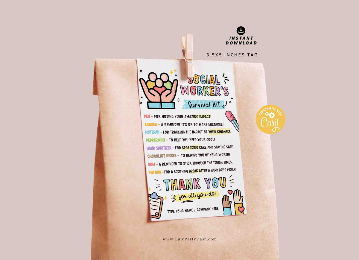 Social Workers Survival Kit Tag Printable Instant Download Cute