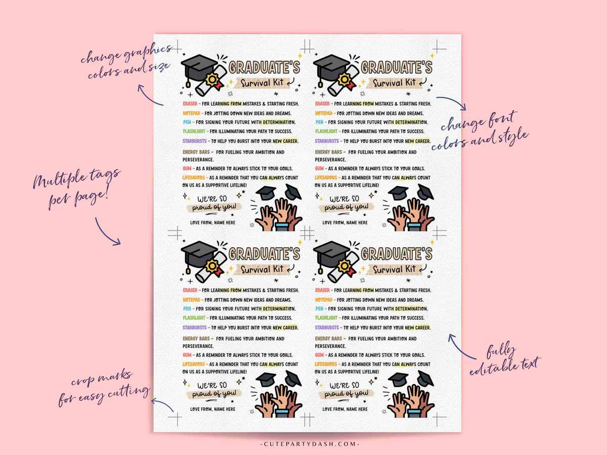 Graduate's Survival Kit Gift Tags INSTANT DOWNLOAD – Cute Party Dash