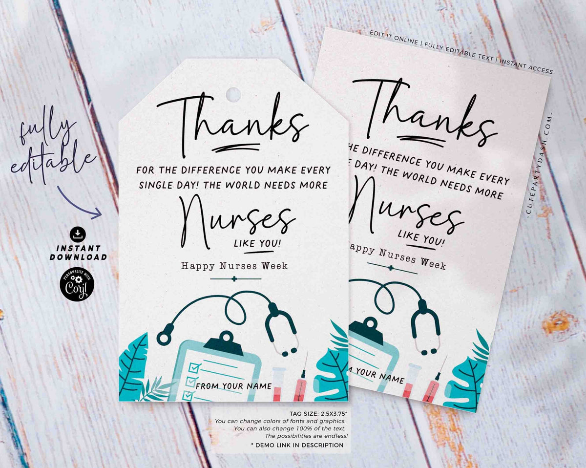 Nurses Week Gift Tags Printable INSTANT DOWNLOAD – Cute Party Dash