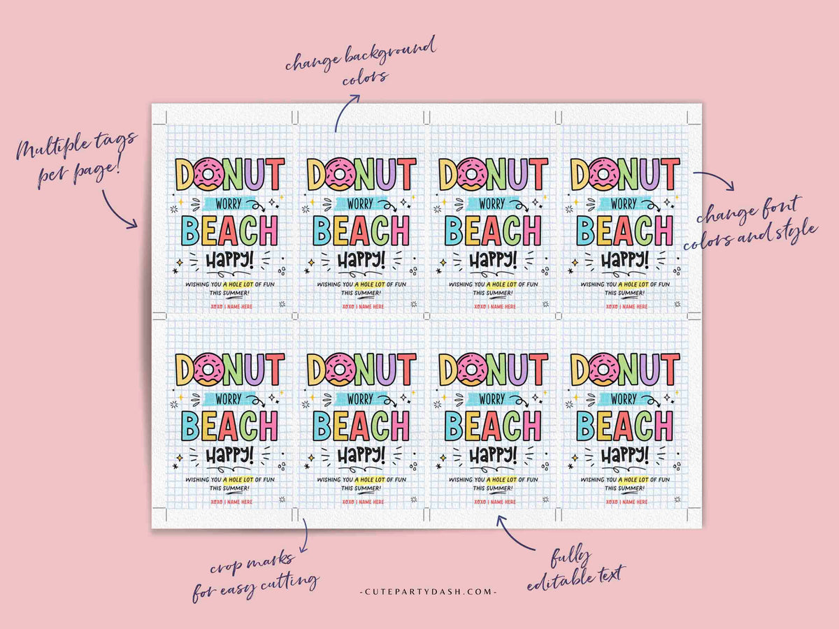 Donut Worry Beach Happy Gift Tag Printable INSTANT DOWNLOAD – Cute ...