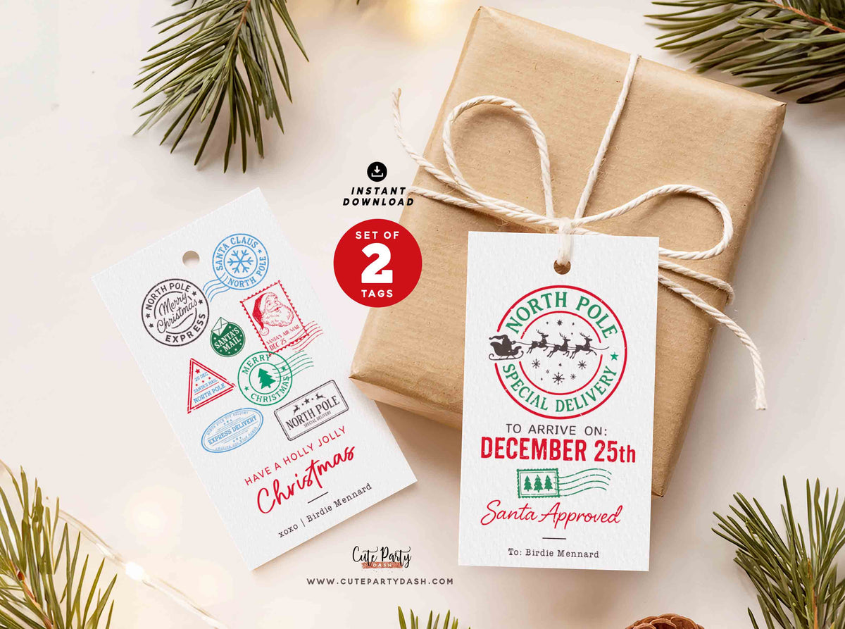 North Pole Christmas Gift Tags, Printable Santa Mail Label Set of 2 ...