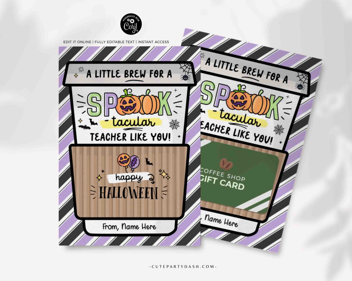 Editable Fall Teacher Halloween Coffee Gift Card Holder template – Cute ...