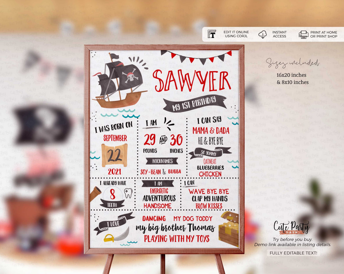 Pirate Birthday Party Chalkboard Sign Milestone Baby Poster - Digital ...