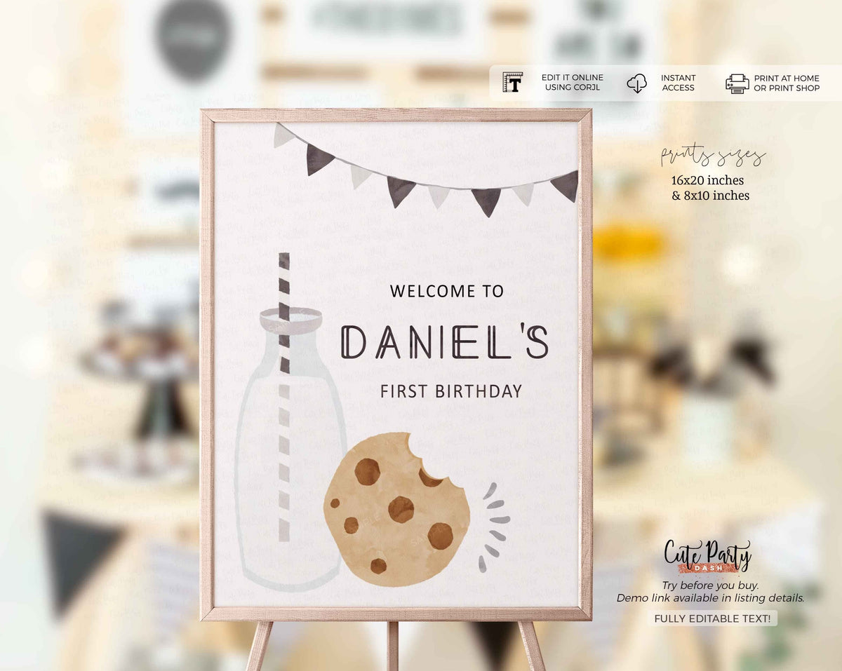 Minimalist Milk and Cookies Birthday Party Welcome Sign - Digital ...
