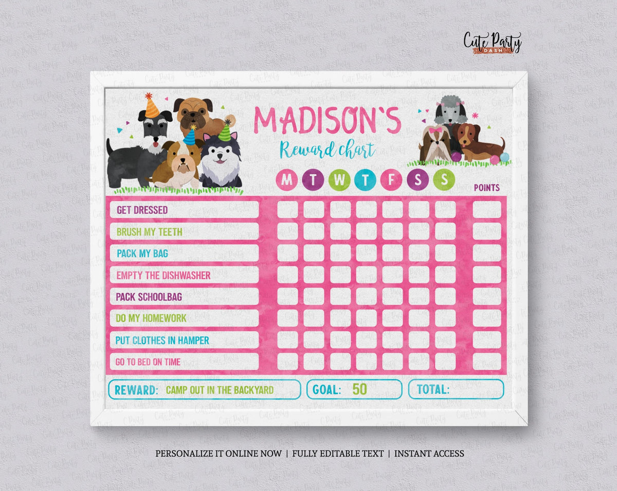 Editable Puppy Dog Reward Chart for kids – Cute Party Dash