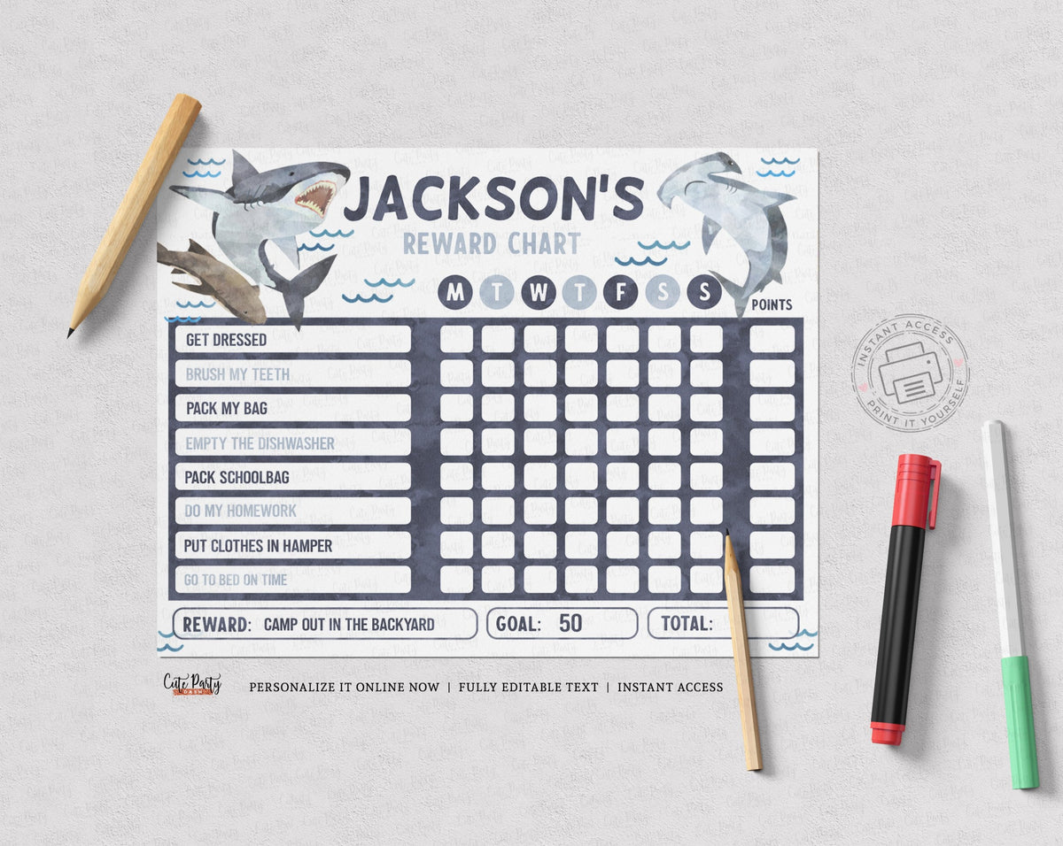 Editable Shark Reward Chart for kids – Cute Party Dash