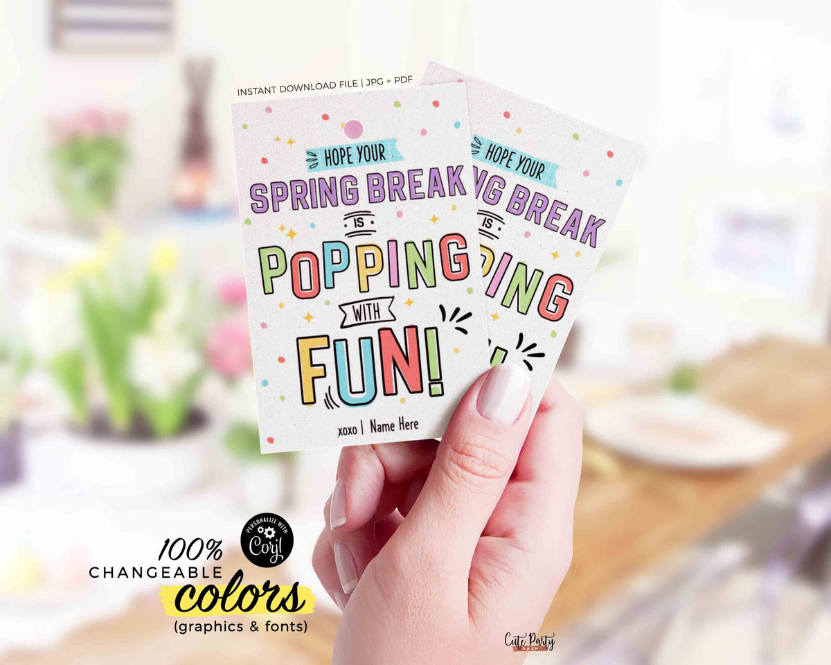 Spring Break Gift tag Editable Popping with Fun Gift card Template Pri ...