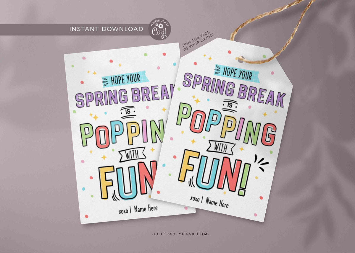 Spring Break Gift tag Editable Popping with Fun Gift card Template Pri ...