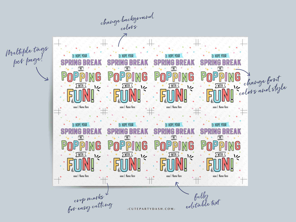 Spring Break Gift tag Editable Popping with Fun Gift card Template Pri ...