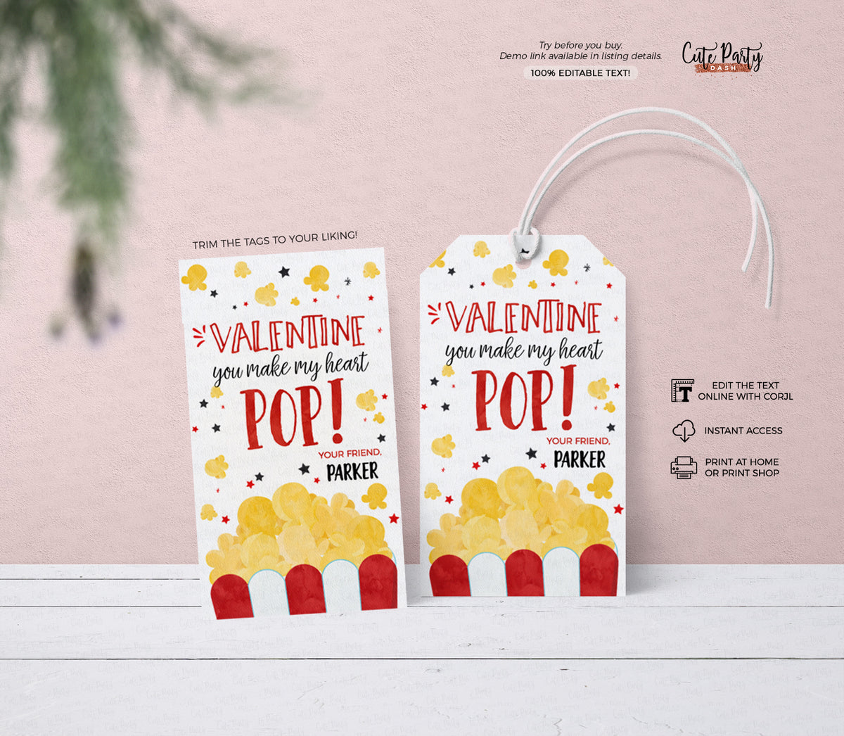 Popcorn Valentine's Day You make my heart Pop Favor Tags – Cute Party Dash