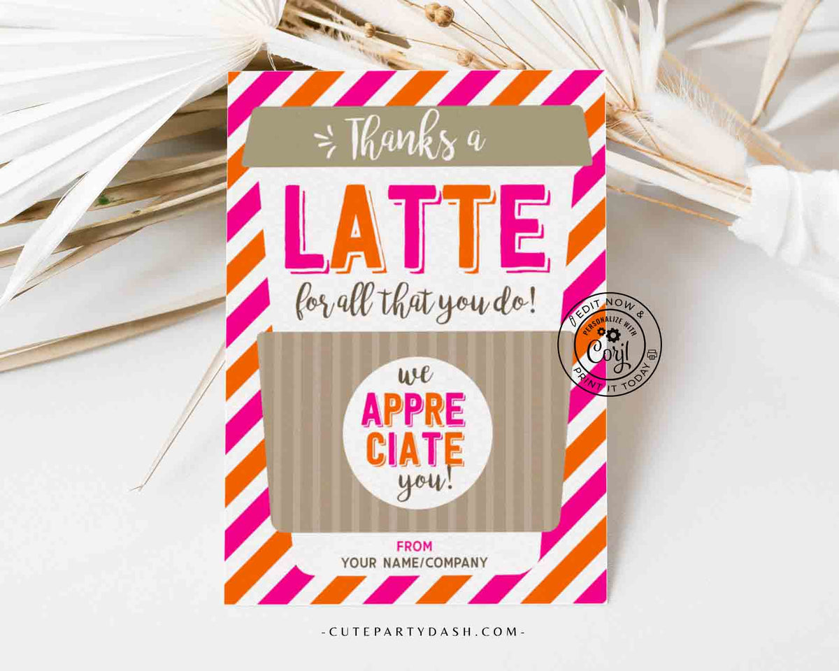 Editable Thanks a Latte Card Coffee Holder template, Teacher Appreciat ...