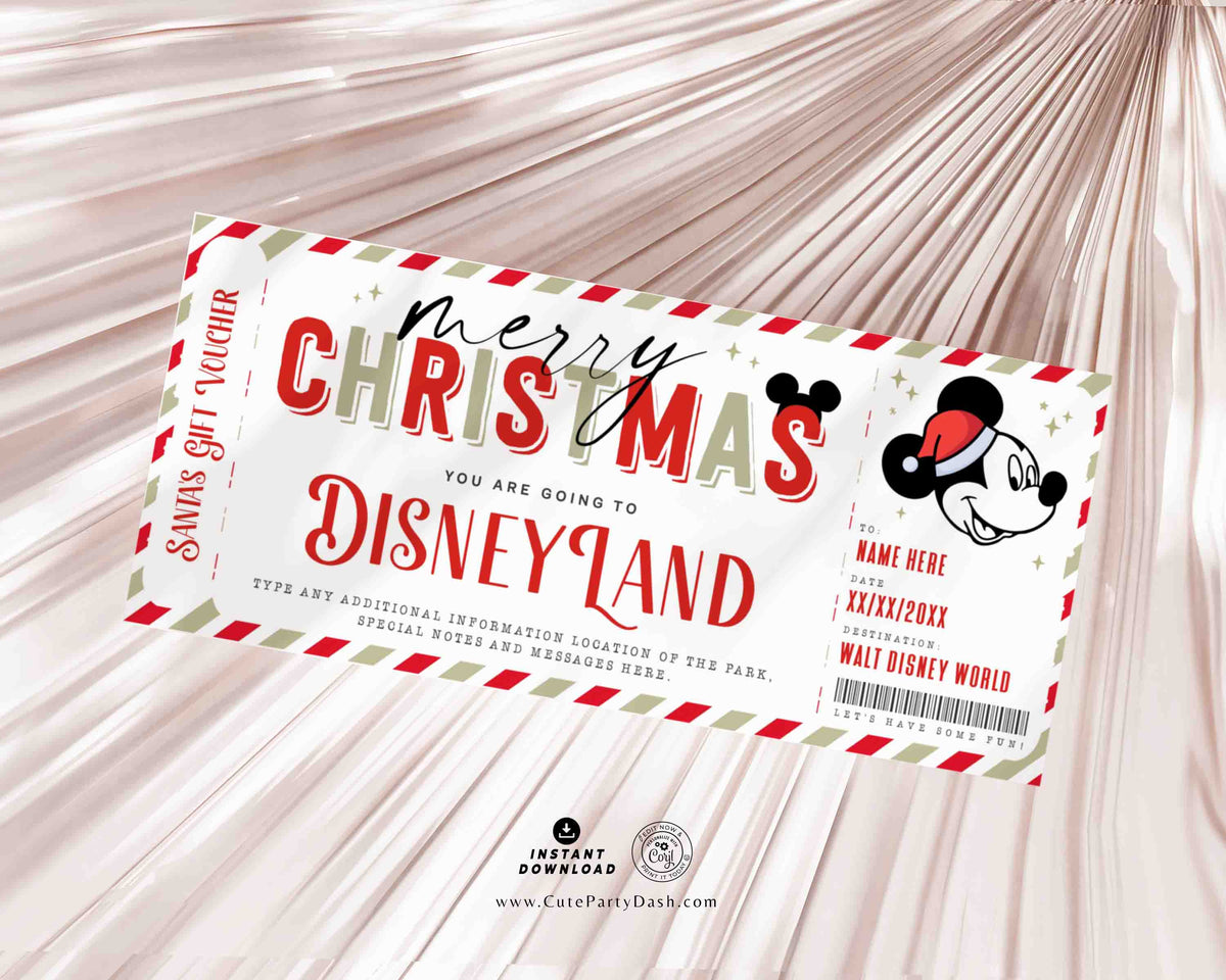 Christmas Disneyland Trip Gift Ticket INSTANT DOWNLOAD – Cute Party Dash