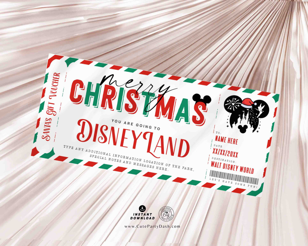 Christmas Disneyland Trip Gift Ticket INSTANT DOWNLOAD – Cute Party Dash
