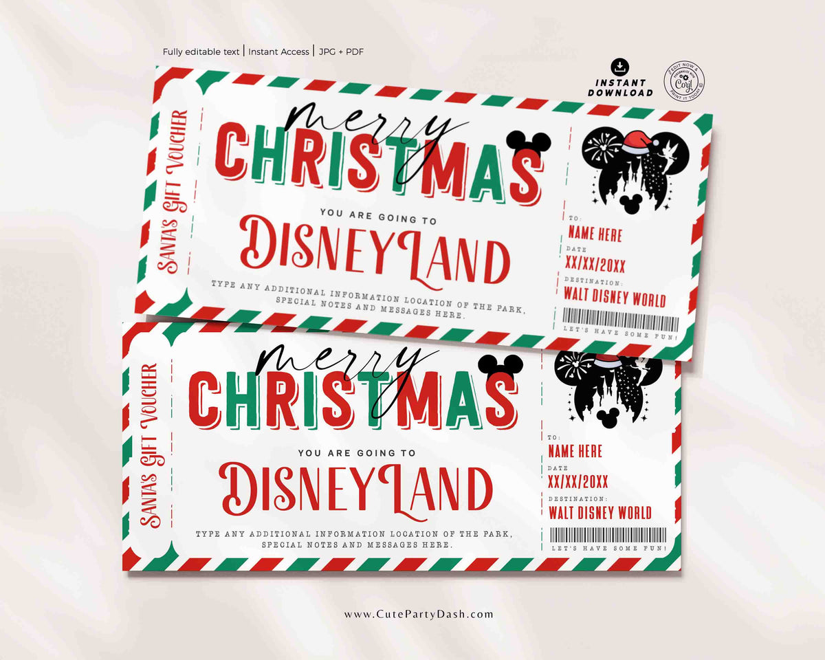 Christmas Disneyland Trip Gift Ticket INSTANT DOWNLOAD – Cute Party Dash