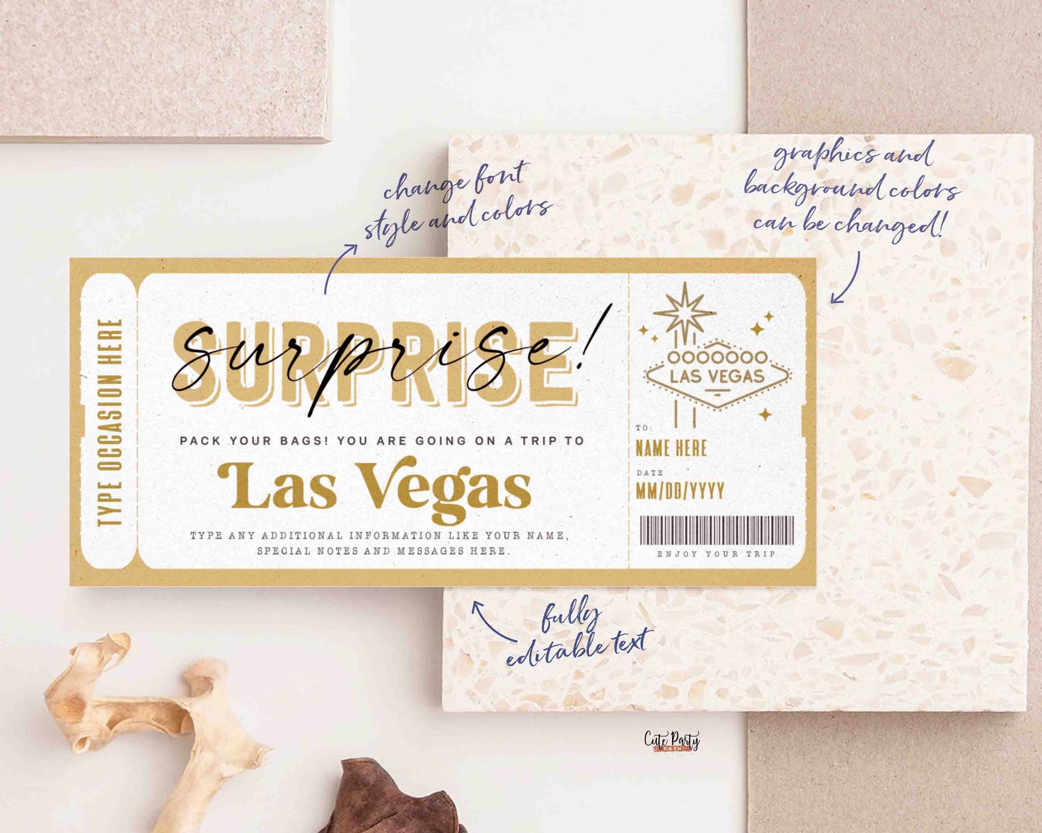 Las Vegas trip ticket Template Editable Birthday gift – Cute Party Dash