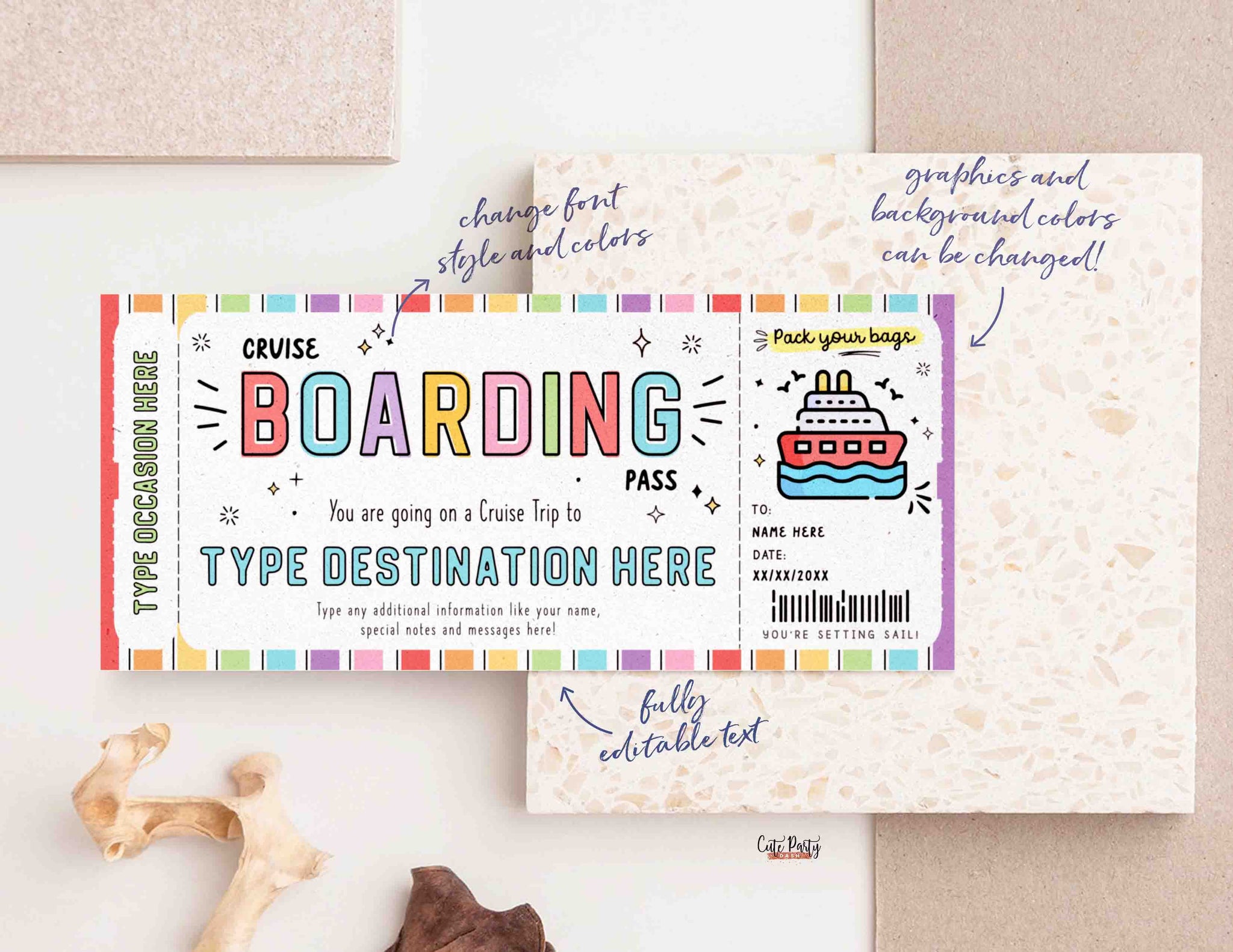 Cruise Boarding Pass Vacation Ticket Gift Voucher, Editable Gift Ticke ...