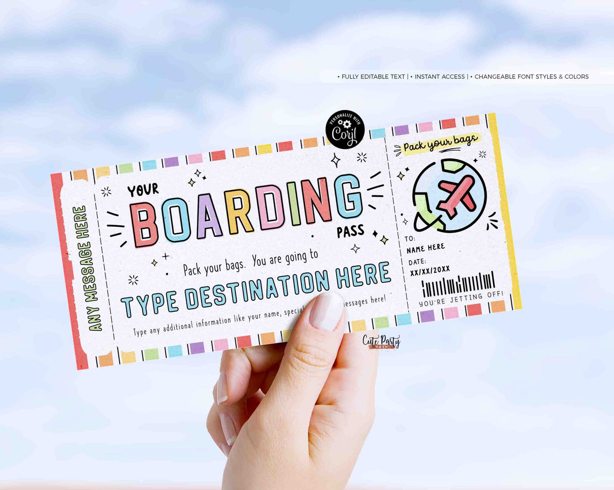 Editable Boarding Pass Template Surprise Trip gift ticket Fake Airplan ...