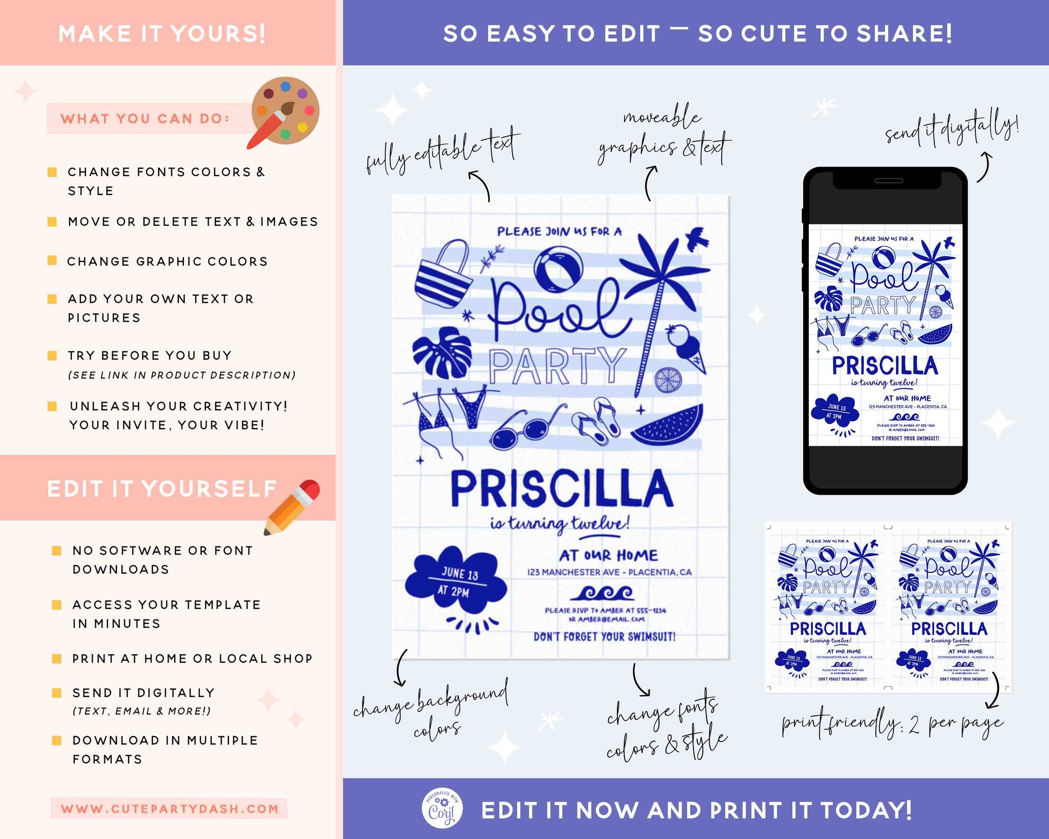 Hand Drawn Pool Party Invitation INSTANT DOWNLOAD – Cute Party Dash