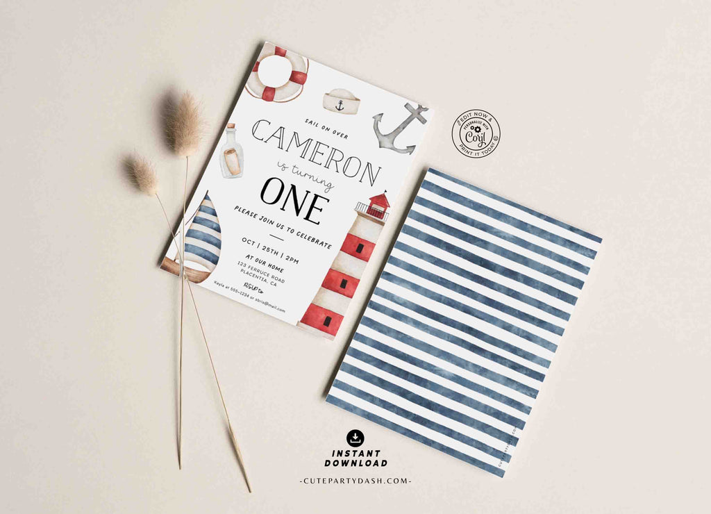 Nautical Birthday invitation Printable INSTANT DOWNLOAD – Cute Party Dash