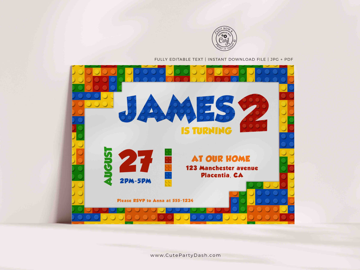 Colorful Lego Bricks Building Blocks Birthday Party Invitation – Cute ...