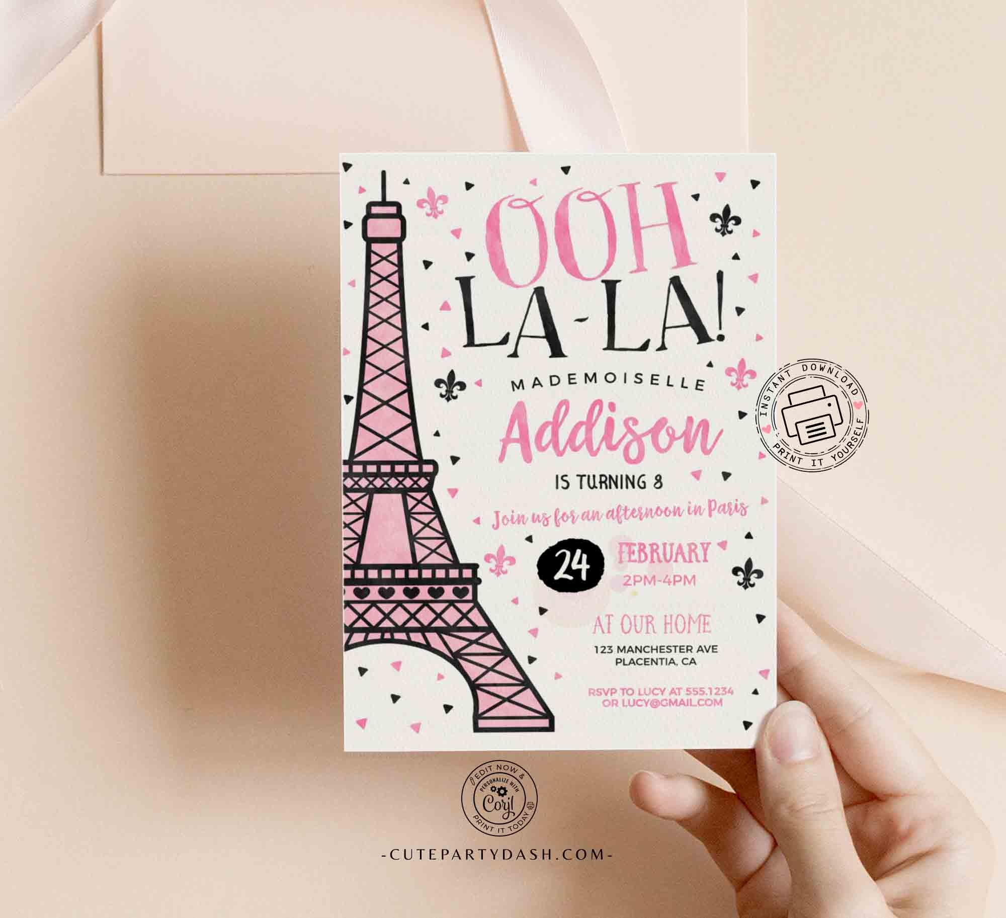 Editable Paris Birthday Party Printable invitation – Cute Party Dash