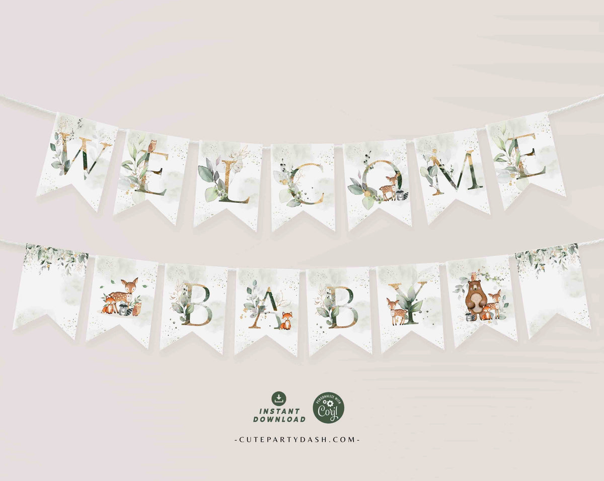 Woodland Greenery Baby Shower Wall Banner Printable INSTANT DOWNLOAD ...