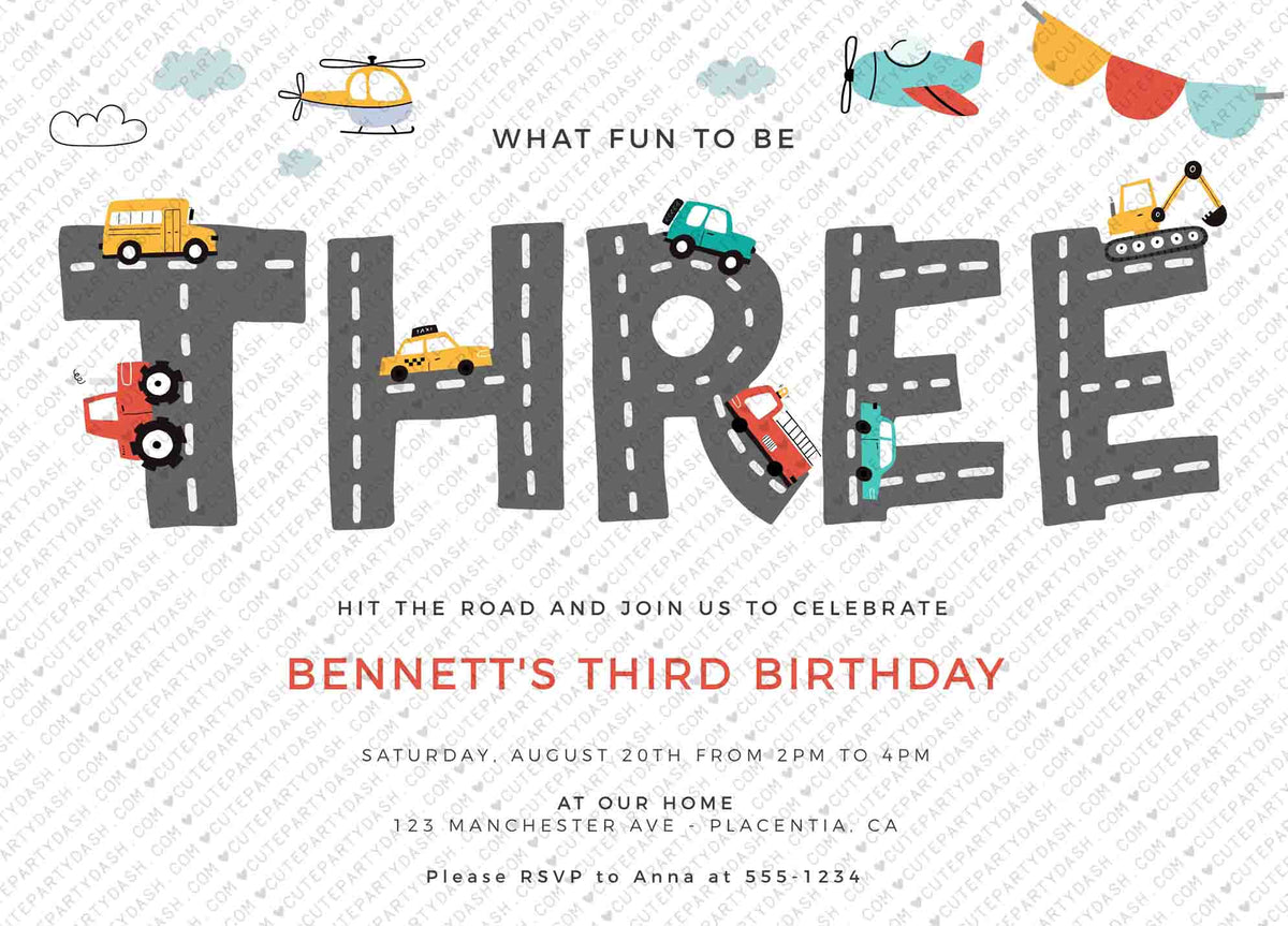 Transportation Third Birthday Invite Printable INSTANT DOWNLOAD – Cute ...