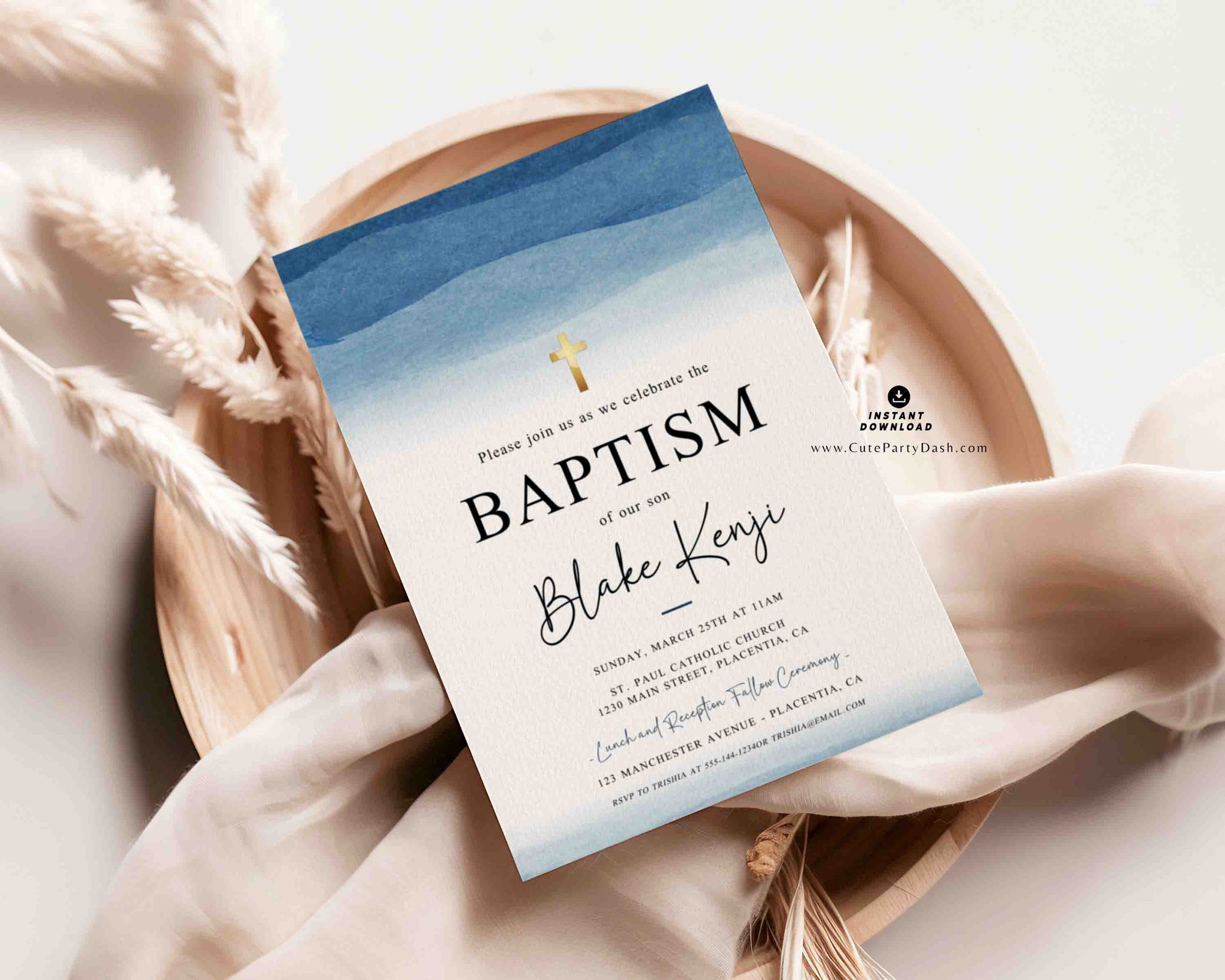 Blue Watercolor Baptism Invitation Printable INSTANT DOWNLOAD – Cute ...