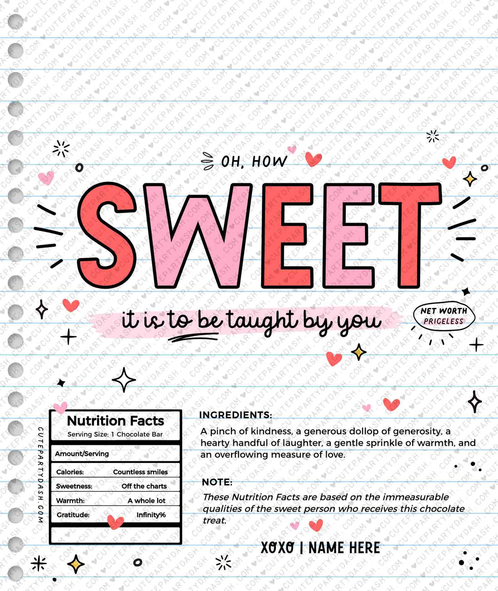 Teacher Valentines Day Gift Chocolate Bar Wrapper template Printable ...