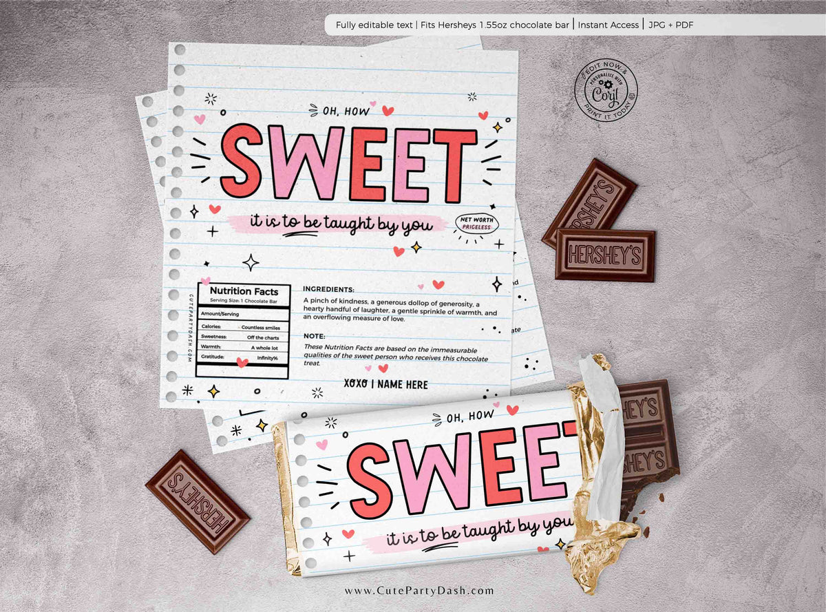 Teacher Valentines Day Gift Chocolate Bar Wrapper template Printable ...