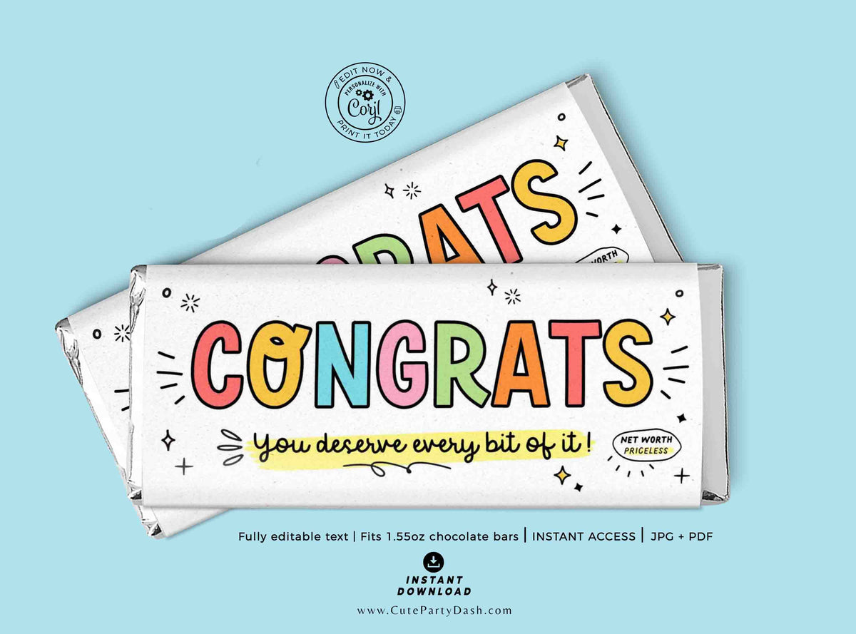 Congratulations Gift Chocolate Bar Wrapper INSTANT DOWNLOAD – Cute ...