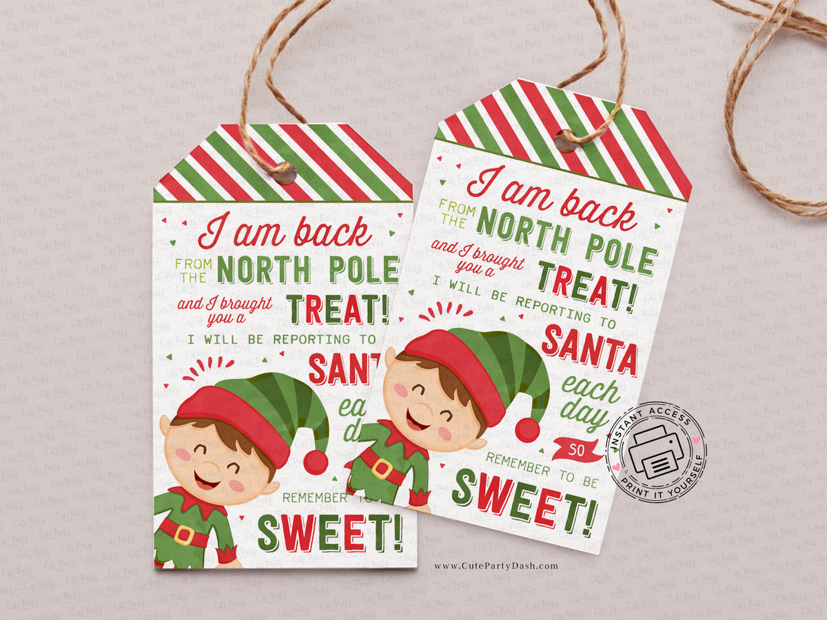 Printable Christmas Elf I'm Back Tags INSTANT DOWNLOAD – Cute Party Dash