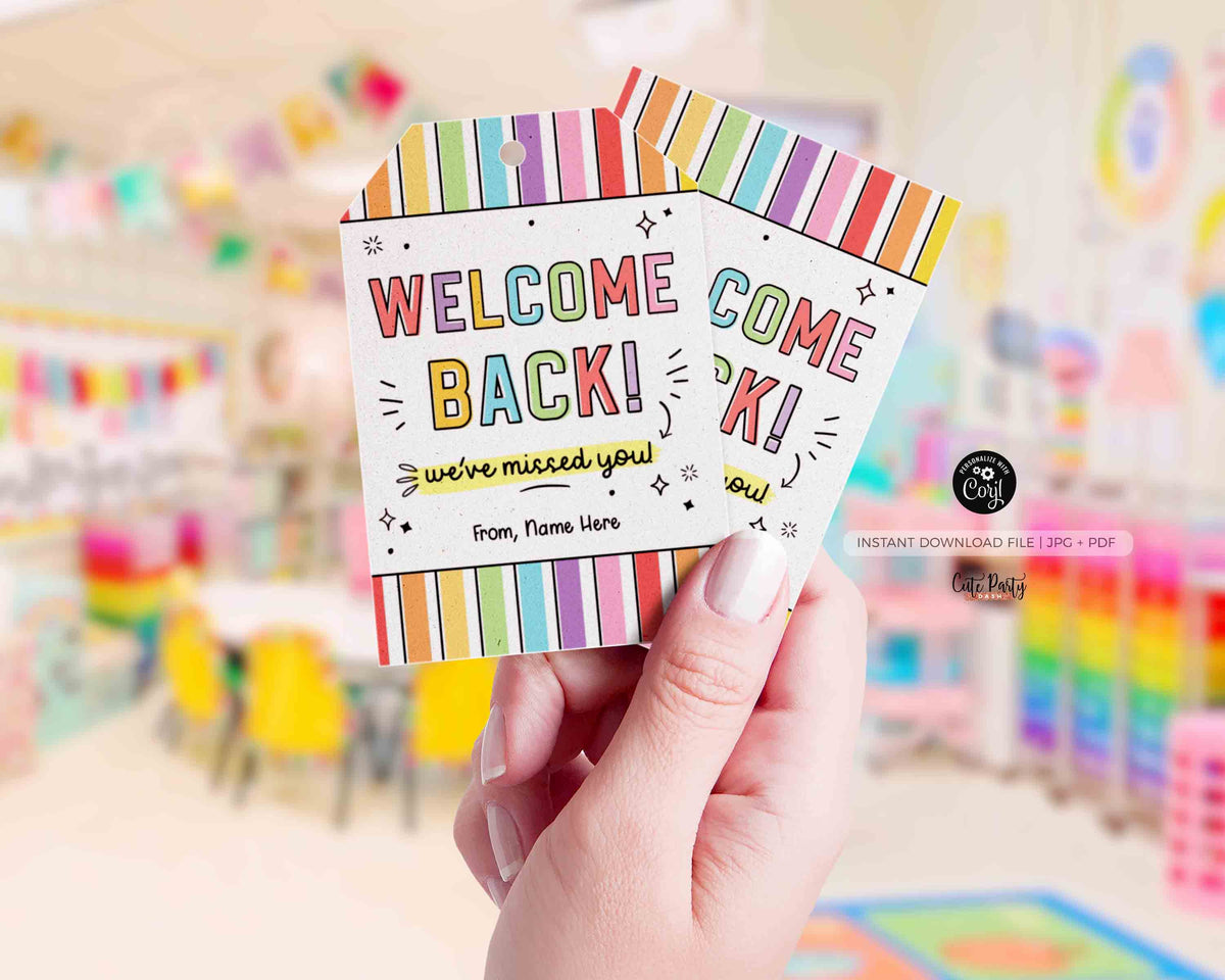 Editable Welcome come back gift tags – Cute Party Dash