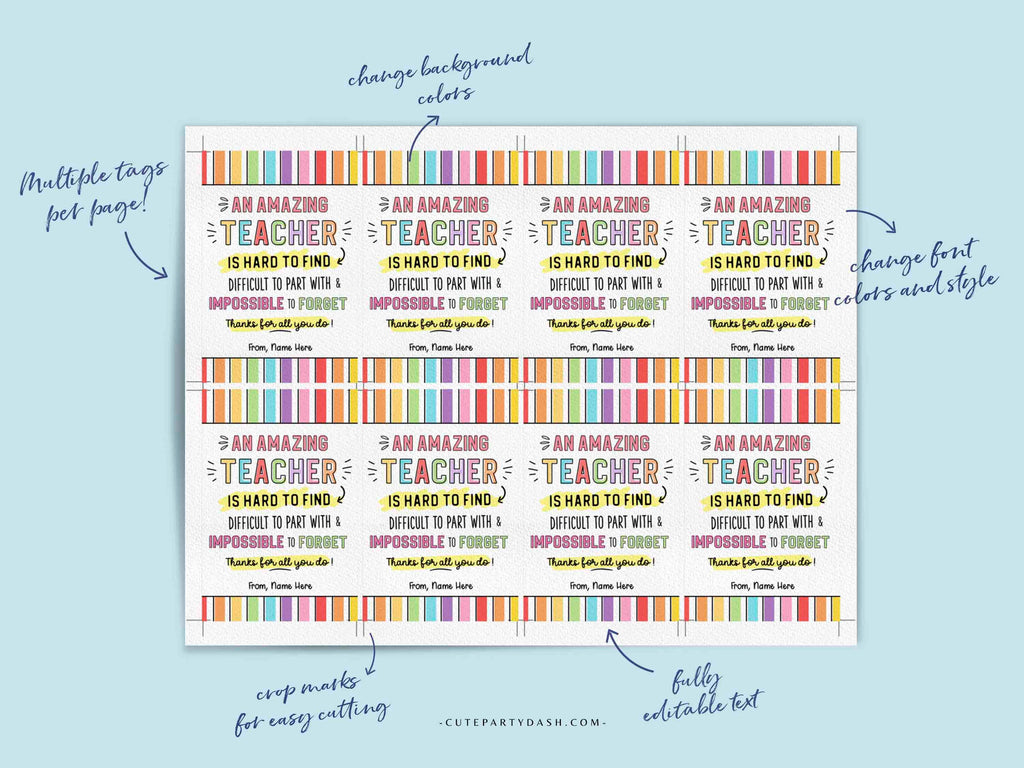 Teacher Thank you Gift Tag Editable Teacher Appreciation Week Gift ...