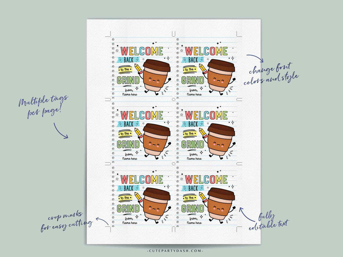 Welcome Back to the Grind First Day of school Teacher Tag – Cute Party Dash
