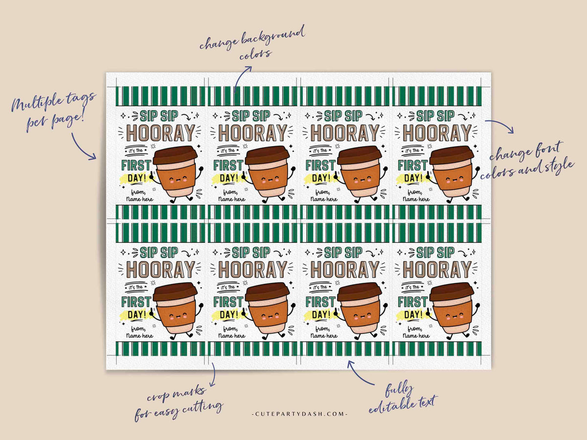 Printable Sip Sip Hooray It's The First Day Gift Tag – Cute Party Dash