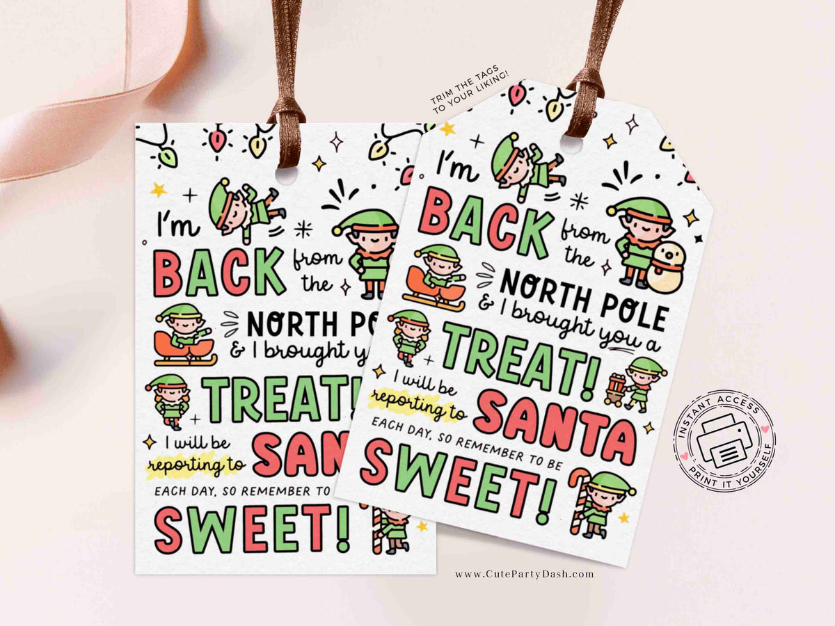 Printable Christmas Elf I'm Back Tags INSTANT DOWNLOAD – Cute Party Dash