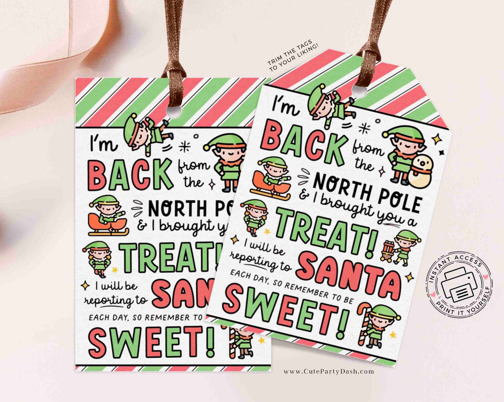 Printable Christmas Elf I'm Back Tags INSTANT DOWNLOAD – Cute Party Dash