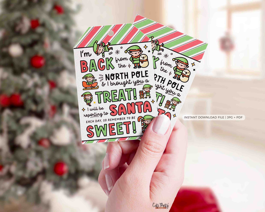 Printable Christmas Elf I'm Back Tags INSTANT DOWNLOAD – Cute Party Dash