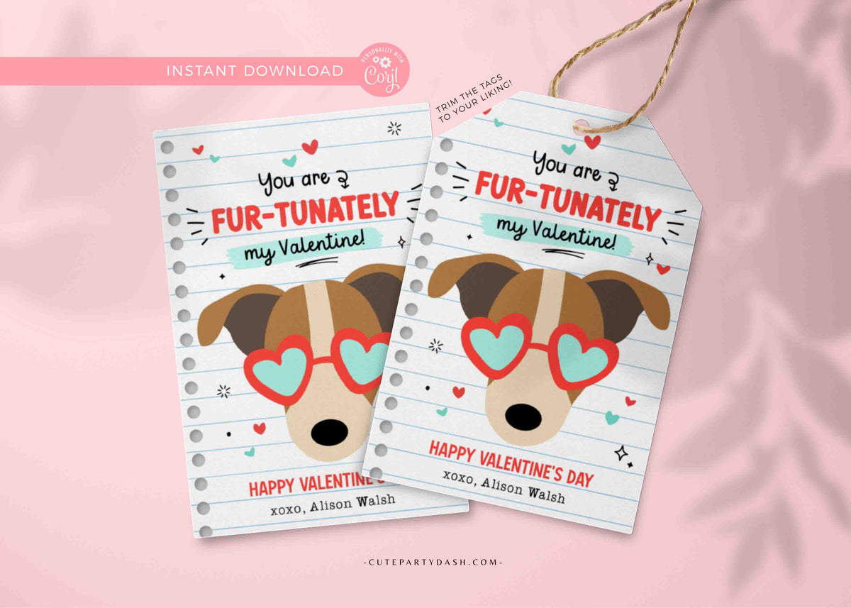 Printable Dog Valentine's Day Card Tags INSTANT DOWNLOAD – Cute Party Dash