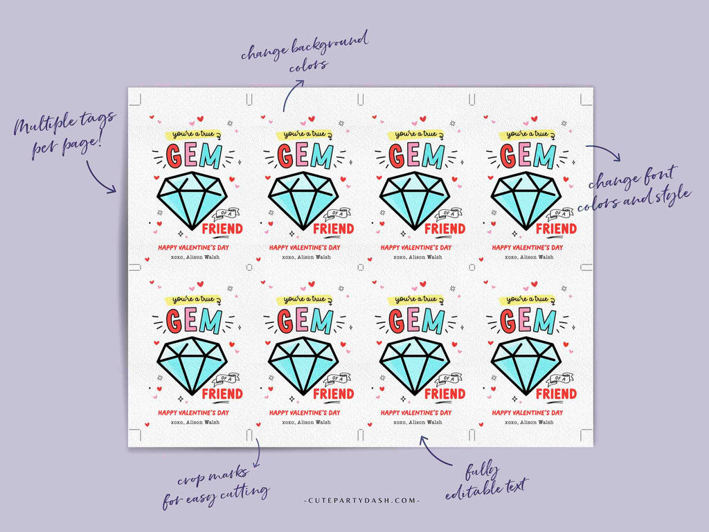 Valentine's Day Kids Classroom Ring Valentine Pop Gemstone Punny Tags ...